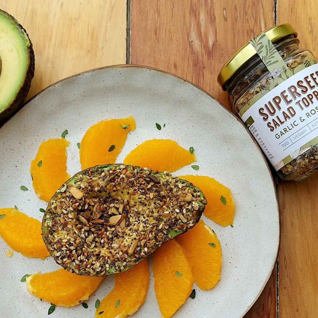 Topper Coated Avocado & Orange Salad – Superseed Crackers